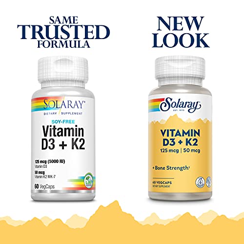 SOLARAY Vitamin D-3 + K-2, Calcium Absorption, Bone Strength, Cardiovascular & Immune Function Support, 60 VegCaps