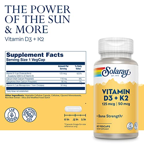 SOLARAY Vitamin D-3 + K-2, Calcium Absorption, Bone Strength, Cardiovascular & Immune Function Support, 60 VegCaps