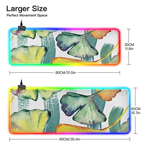 Large RGB Gaming Mouse Pad Ginkgo Biloba Leaves Pattern Glowing Extended Mousepad 35.4x15.7in, Soft Anti-Slip Rubber Base Luminous Mouse Mat for Pc Laptop, Gaming, Office, Home