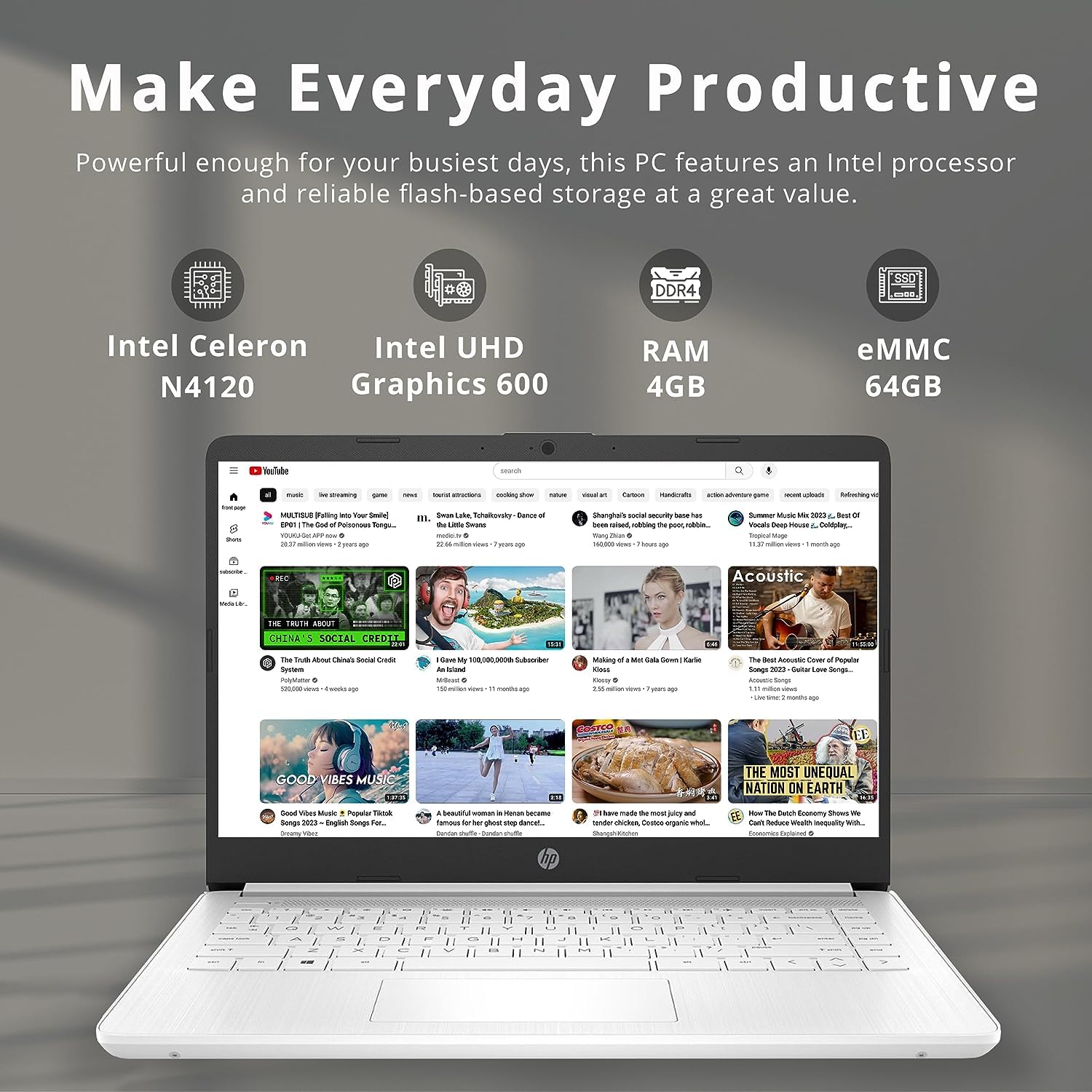 HP Premium 14" Stream HD Laptop, Intel Celeron N4120 CPU, 4GB RAM, 64GB eMMC, Webcam, Intel UHD Graphics, 1 Year Office, Bluetooth, WiFi, HDMI, Windows 11s, White, 32GB Hotface USB Card (Renewed)