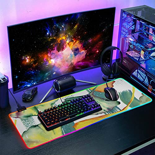 Large RGB Gaming Mouse Pad Ginkgo Biloba Leaves Pattern Glowing Extended Mousepad 35.4x15.7in, Soft Anti-Slip Rubber Base Luminous Mouse Mat for Pc Laptop, Gaming, Office, Home