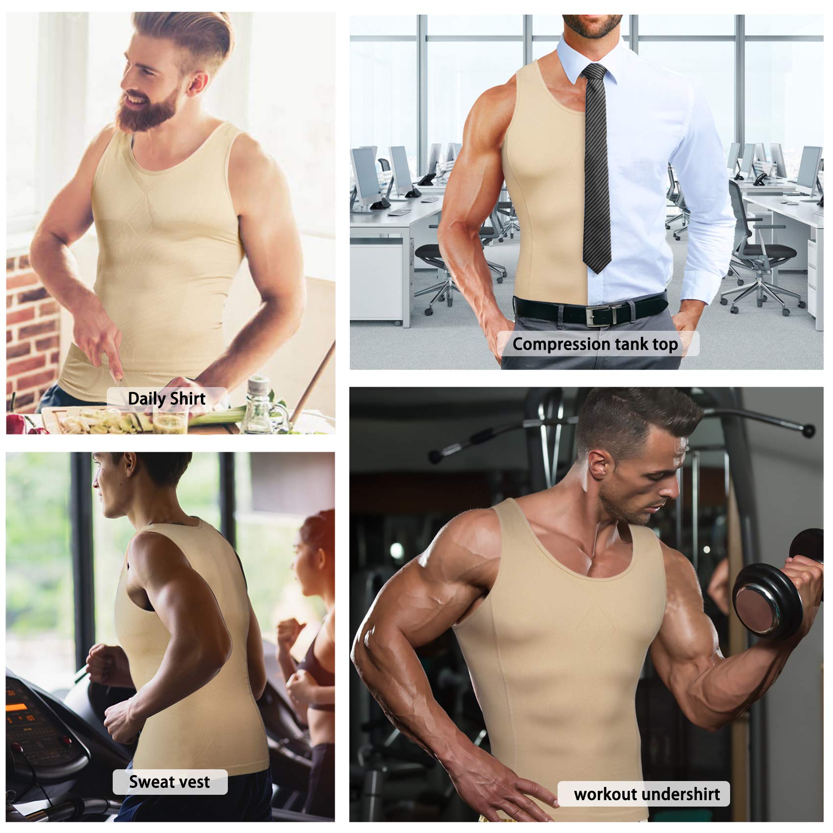 MOLUTAN Mens Compression Shirt Slimming Body Shaper Vest Sleeveless Waist Trainer Workout Tank Top Tummy Control Shapewear (Beige, Medium-Large)