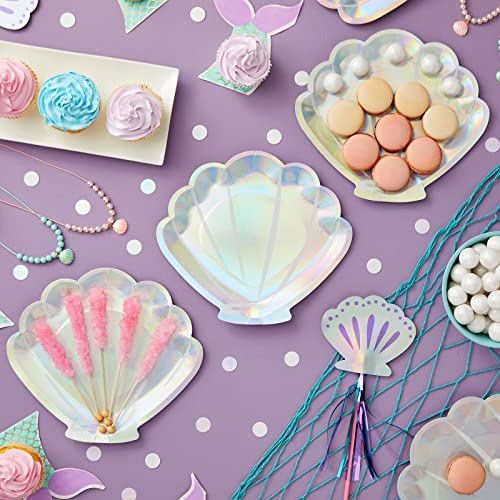 Sparkle and Bash 48 Pack Holographic Seashell Paper Plates for Girls Mermaid Birthday Party Supplies - 9 Inch Silver Foil Sea Shell Plates