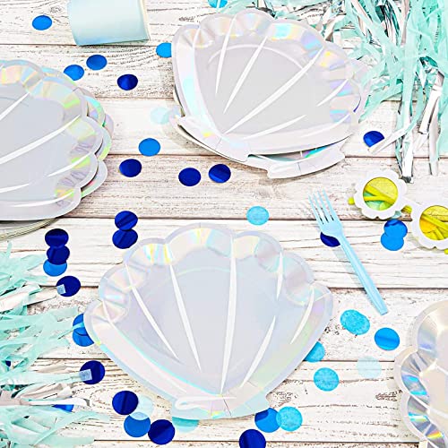 Sparkle and Bash 48 Pack Holographic Seashell Paper Plates for Girls Mermaid Birthday Party Supplies - 9 Inch Silver Foil Sea Shell Plates