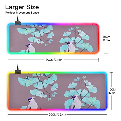 Large RGB Gaming Mouse Pad Ginkgo Leaves Birds Pattern Glowing Extended Mousepad 31.5x11.8in, Soft Anti-Slip Rubber Base Luminous Mouse Mat for Pc Laptop, Gaming, Office, Home
