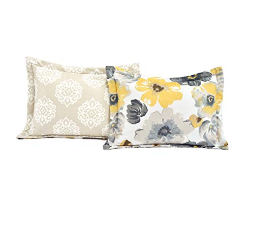 Lush Decor Leah 6 Piece Floral Comforter Set, Full/Queen, Yellow & Gray