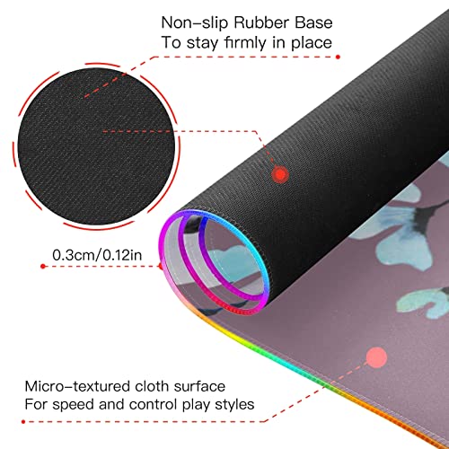 Large RGB Gaming Mouse Pad Ginkgo Leaves Birds Pattern Glowing Extended Mousepad 31.5x11.8in, Soft Anti-Slip Rubber Base Luminous Mouse Mat for Pc Laptop, Gaming, Office, Home