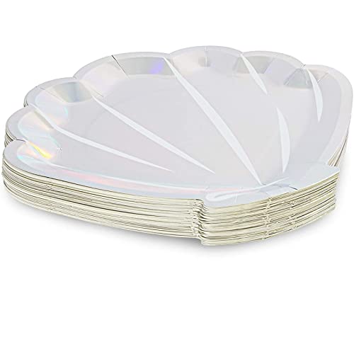 Sparkle and Bash 48 Pack Holographic Seashell Paper Plates for Girls Mermaid Birthday Party Supplies - 9 Inch Silver Foil Sea Shell Plates