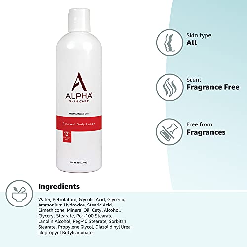 Alpha Skin Care Revitalizing Body Lotion with 12% Glycolic AHA, Simple and Effective Multi-Purpose Daily Moisturizer Hydrates and Exfoliates with Acne Treatment, Anti-Aging, Smoothing Properties