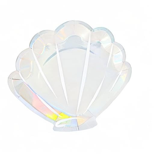 Sparkle and Bash 48 Pack Holographic Seashell Paper Plates for Girls Mermaid Birthday Party Supplies - 9 Inch Silver Foil Sea Shell Plates