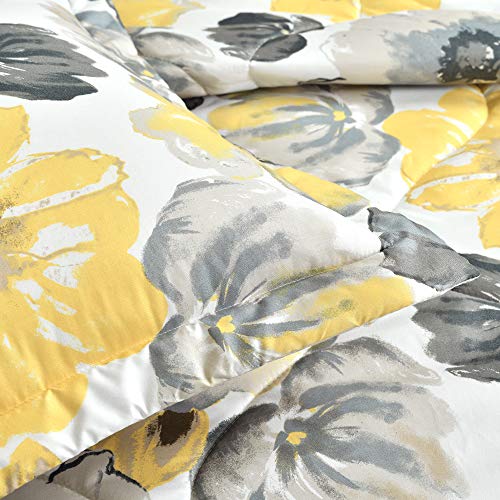 Lush Decor Leah 6 Piece Floral Comforter Set, Full/Queen, Yellow & Gray