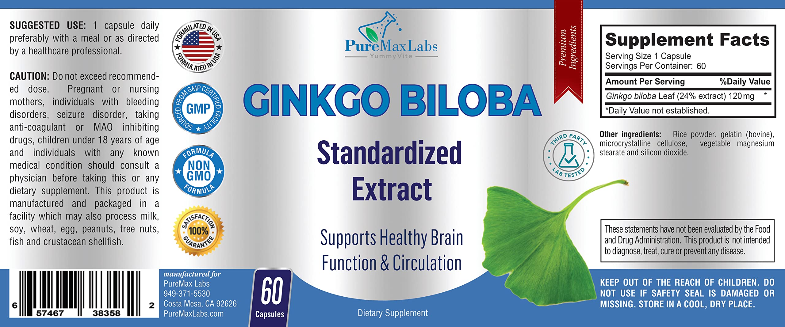 YUMMYVITE Ginkgo Biloba Capsules - Supports Brain Function, Memory Support & Circulation, Extra Strength Standardized Extract - 60 Capsules
