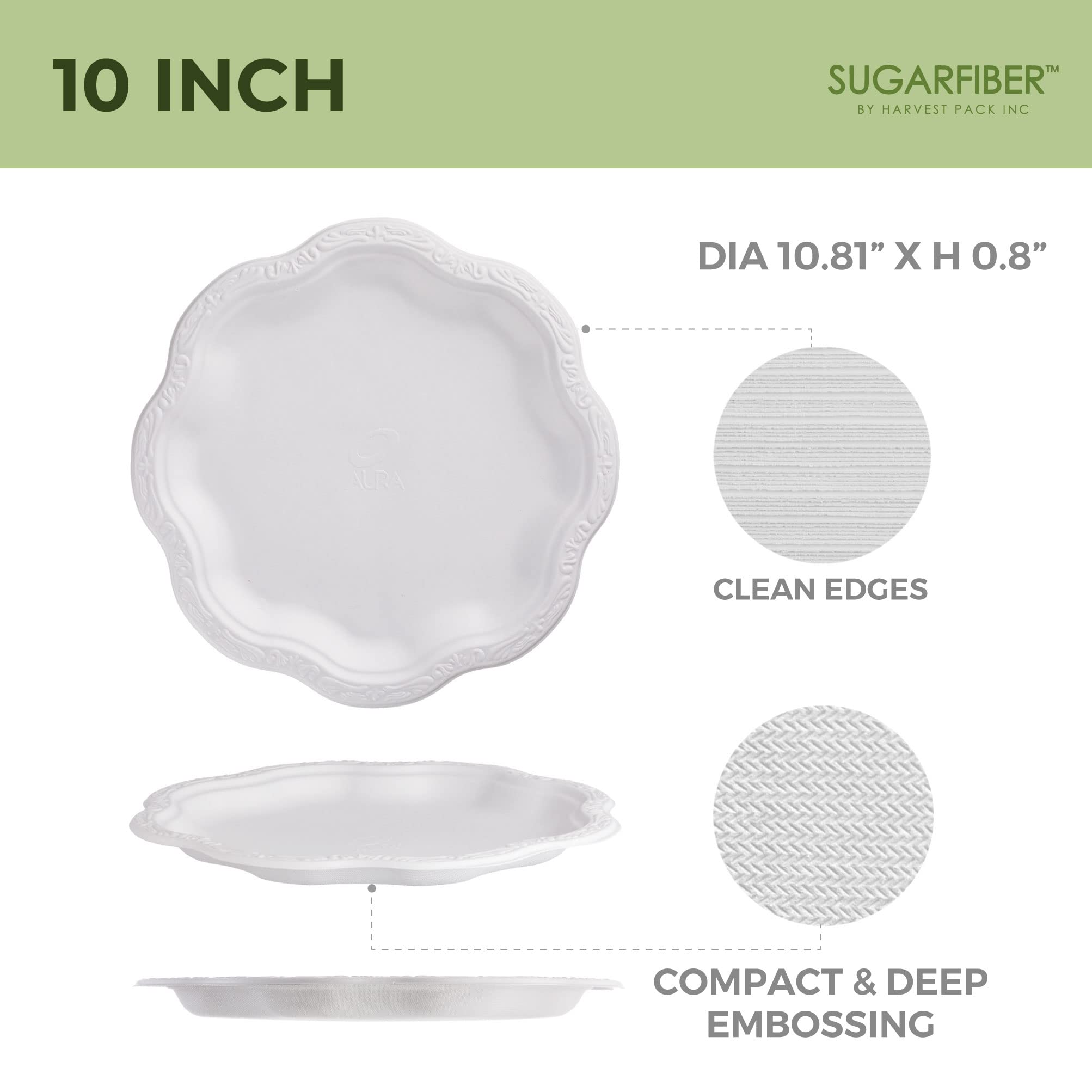 SUGARFIBER 10-inch Compostable Disposable Paper Plates, White Floral Acanthus Collection [50 COUNT]