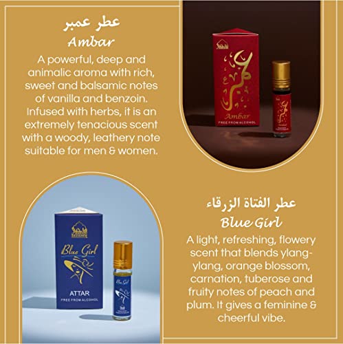 Dukhni Premiere Attar Oil Set | العطار العربي | x6 bottles x 6 ml Authentic Arabic Fragrance Oils | 100% Halal Blends, Ramadan Eid Gifting | Oud Ibtisam, Oud Khaleeji, Oud Habayeb, Kasturi XX, Ambar, Blue Girl - 6ml each
