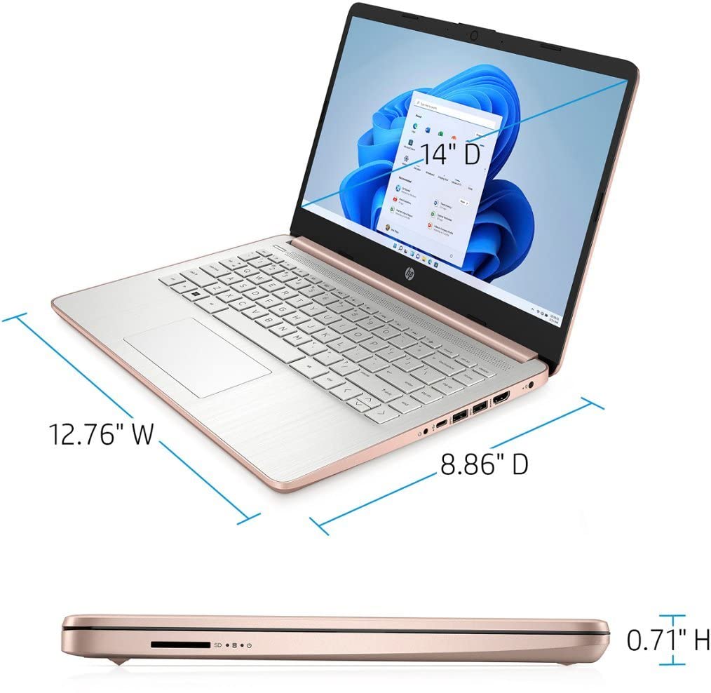 HP Stream Laptop, 14" HD Display, Intel Celeron N4120 Processor, 16GB Memory, 320GB Storage (64GB eMMC + 256GB card), 1-Year Office 365, Webcam, HDMI, Wi-Fi, USB-C, Windows 11 Home, Rose Gold, JVQ MP