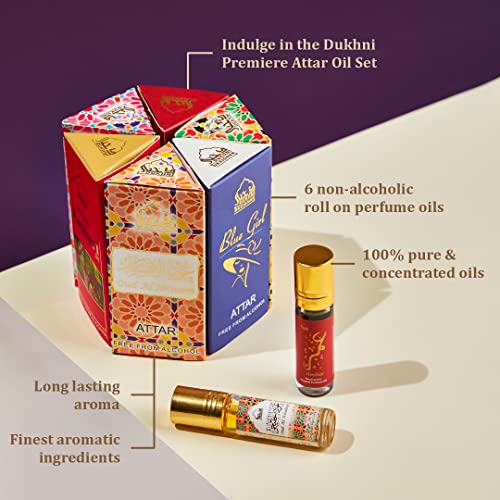Dukhni Premiere Attar Oil Set | العطار العربي | x6 bottles x 6 ml Authentic Arabic Fragrance Oils | 100% Halal Blends, Ramadan Eid Gifting | Oud Ibtisam, Oud Khaleeji, Oud Habayeb, Kasturi XX, Ambar, Blue Girl - 6ml each