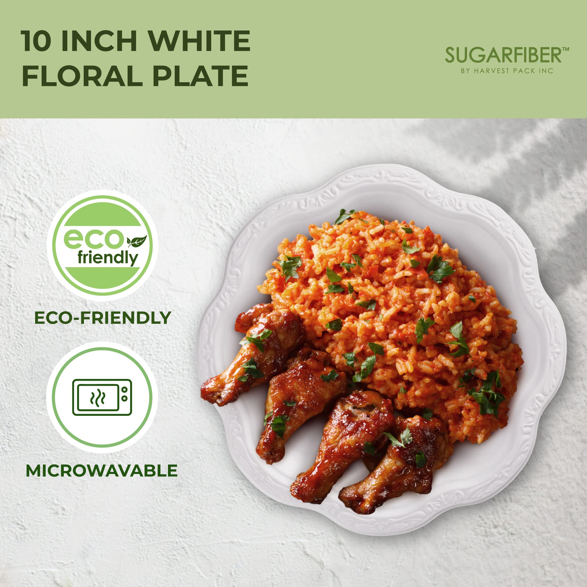 SUGARFIBER 10-inch Compostable Disposable Paper Plates, White Floral Acanthus Collection [50 COUNT]