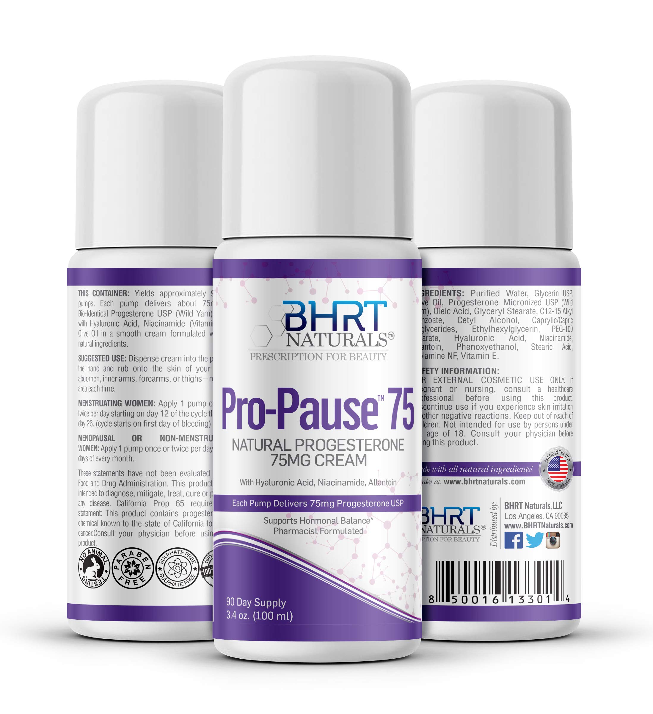 BHRT Naturals Progesterone Cream 7500mg Bioidentical USP Natural - 90 Day Supply, USA Made, Pharmacist Formulated, Non-GMO Menopause Relief – TTC PCOS Supplement (1 Bottle)