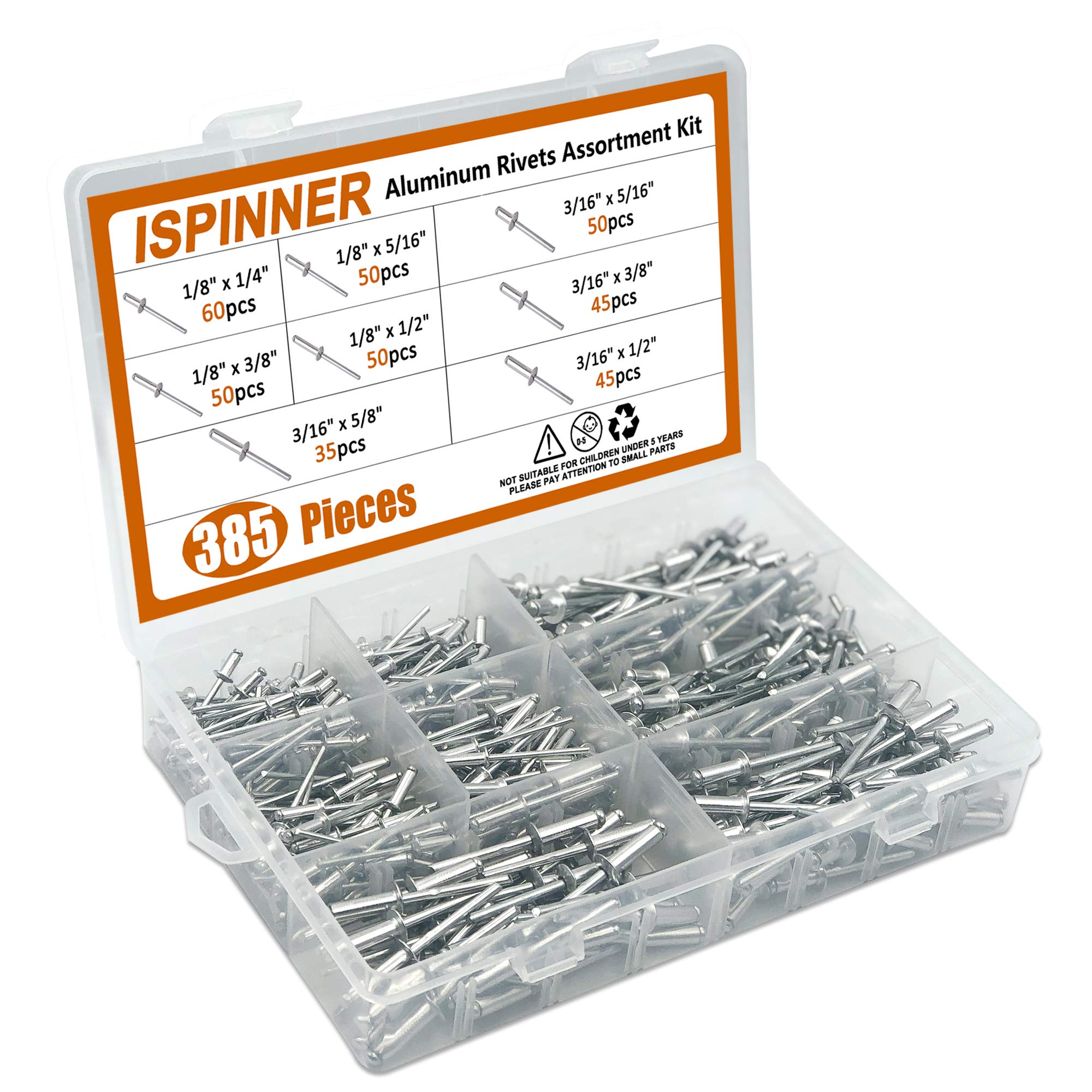 ISPINNER 385pcs 8 Sizes Aluminum Blind Rivets, Pop Rivets Assortment Kit (Silver)