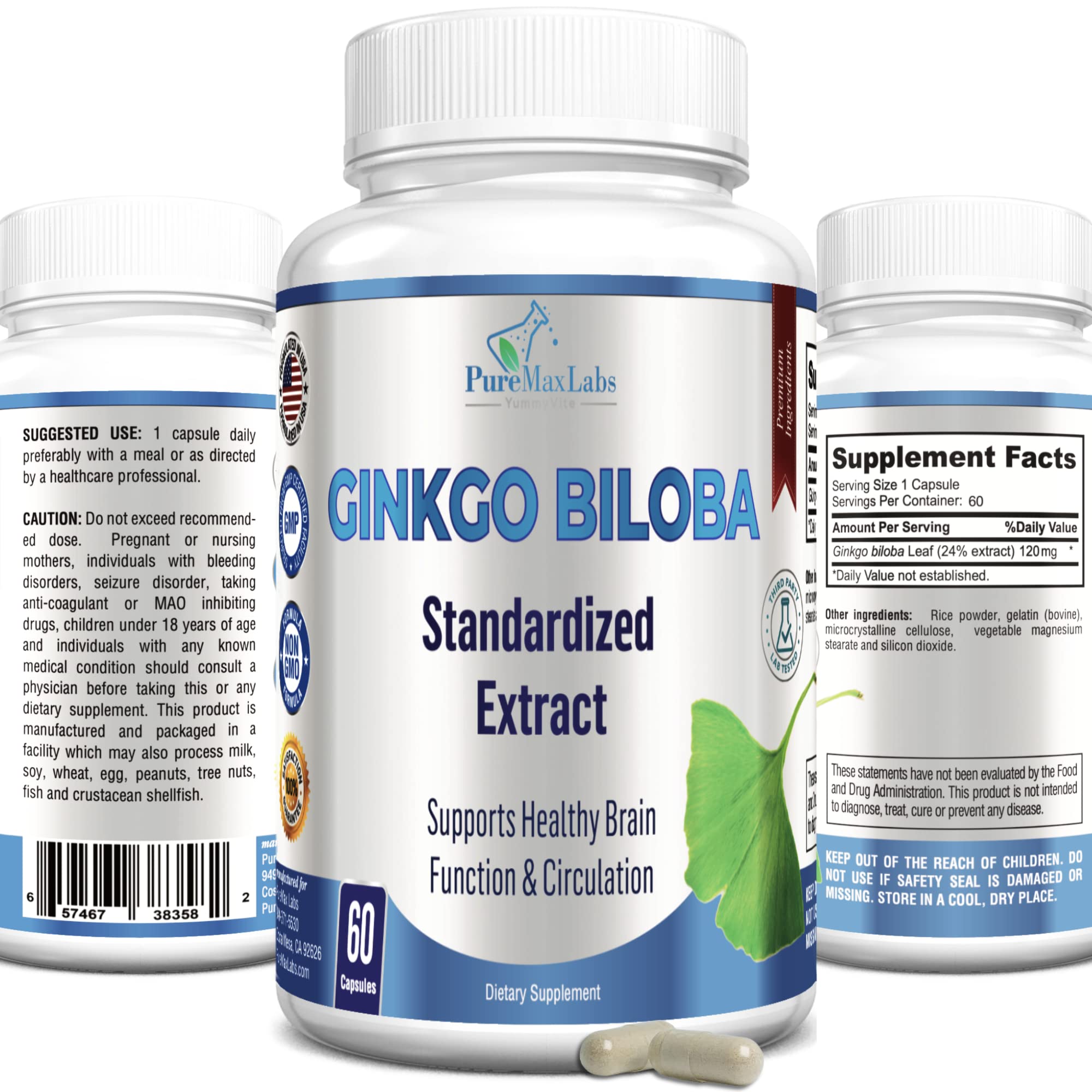 YUMMYVITE Ginkgo Biloba Capsules - Supports Brain Function, Memory Support & Circulation, Extra Strength Standardized Extract - 60 Capsules