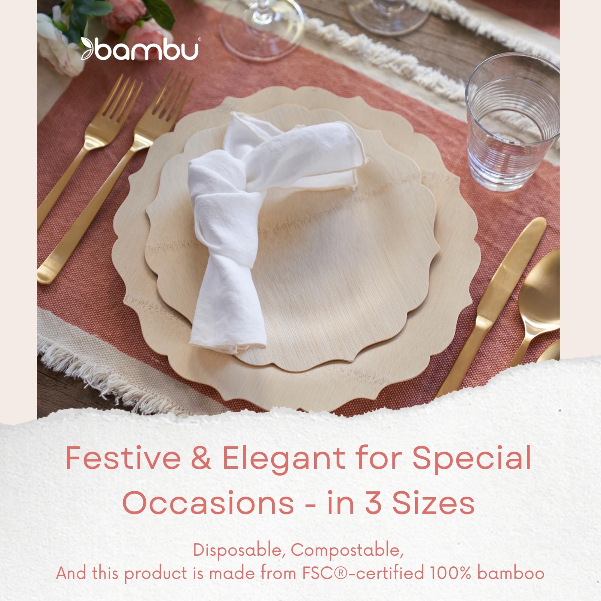 Bambu Pack of 25-9 Inch Disposable Bamboo Plates Fancy, Biodegradable Eco Friendly Products, Bamboo Disposable Plates for Party, Weddings, and Events, Great For Any Occasion, Compostable Plates