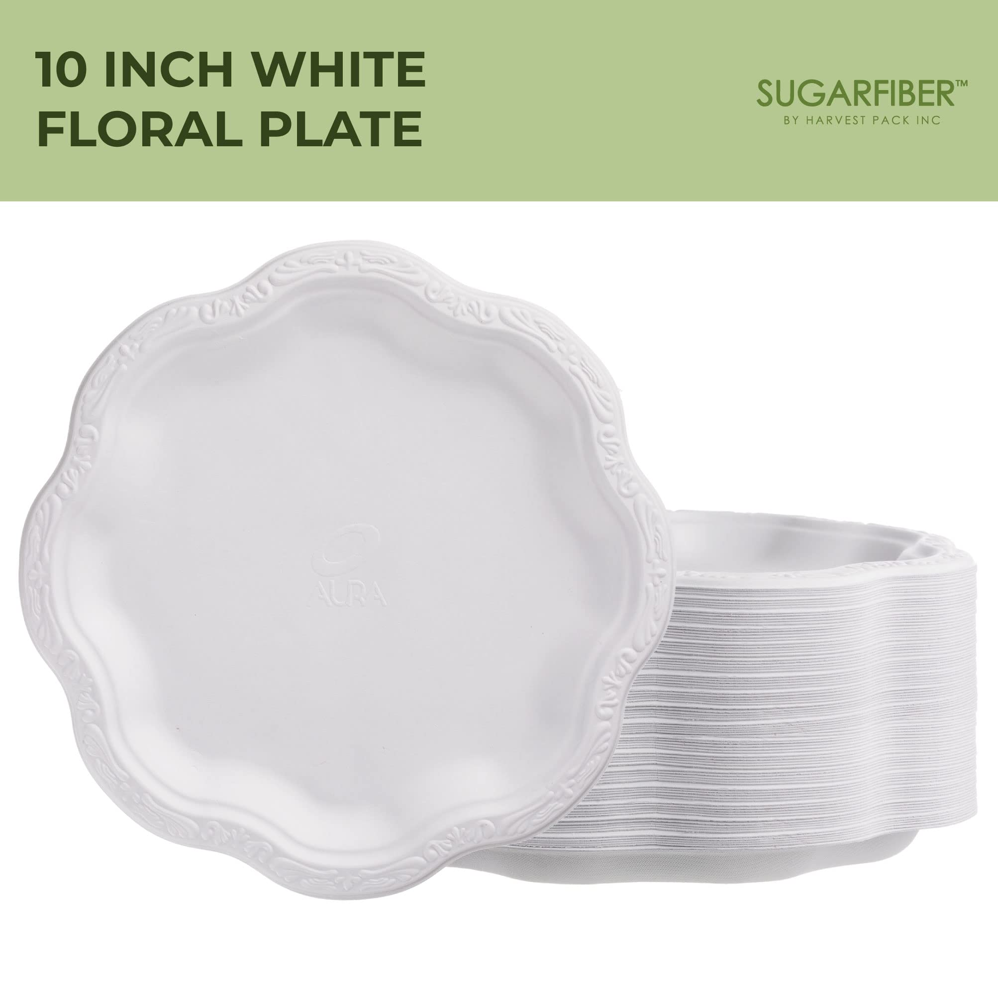 SUGARFIBER 10-inch Compostable Disposable Paper Plates, White Floral Acanthus Collection [50 COUNT]
