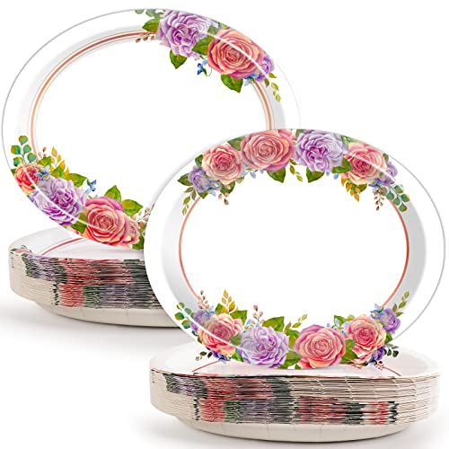 Qyeahkj 50 PCS Floral Oval Paper Plates Large 11ā Disposable Pink Purple Flower Party Decorations Floral Supplies Favor for Spring Holiday Wedding Tea Party Tableware Set