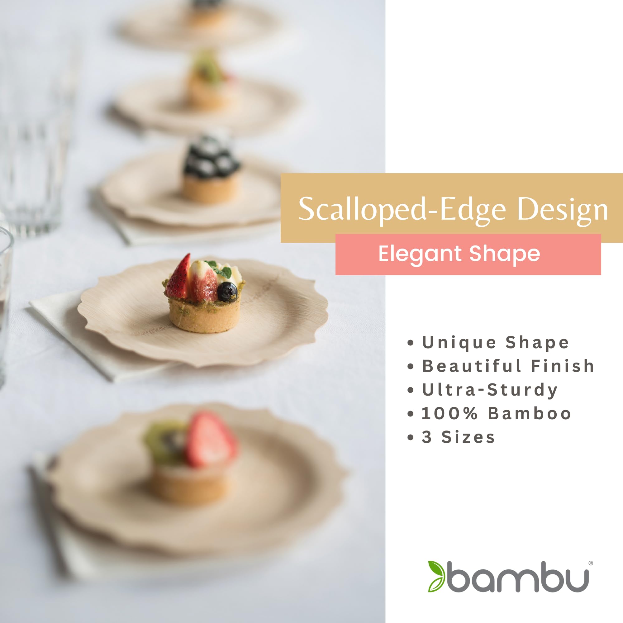 Bambu Pack of 25-9 Inch Disposable Bamboo Plates Fancy, Biodegradable Eco Friendly Products, Bamboo Disposable Plates for Party, Weddings, and Events, Great For Any Occasion, Compostable Plates