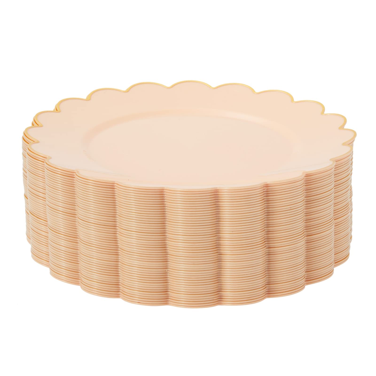 BLUE PANDA 50 Pack Ivory Pink Plastic Plates for Party, 9 Inch Disposable for Party Supplies, Wedding, Gold Foil Scalloped Edges