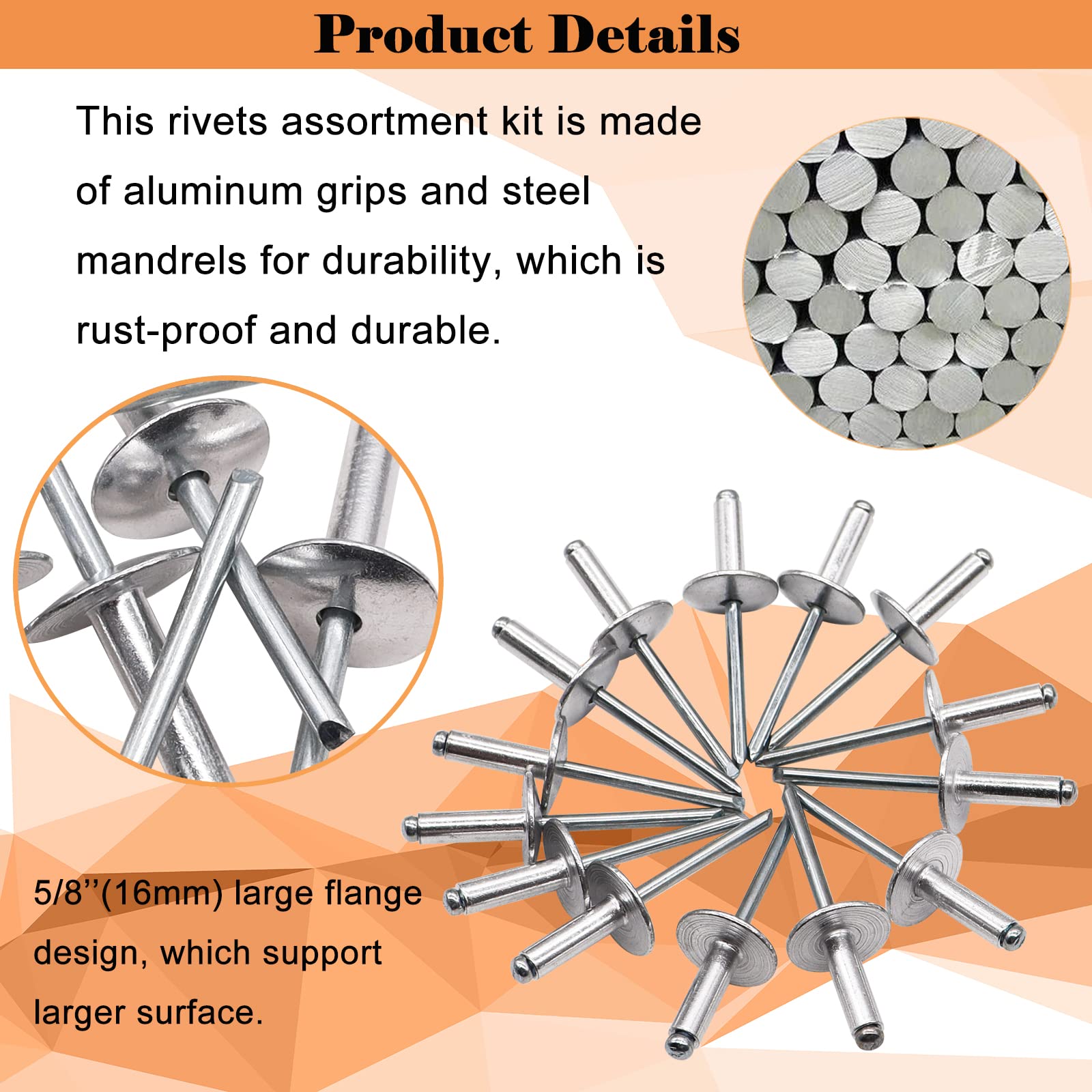 Sunxeke 100pcs Aluminum Large Flange Blind Rivets, 3/16 x 3/8 inch, Flange Diameter 5/8 inch(16 mm), Pop Rivets Assortment Kit Blind Rivet by Bolt Dropper, Grip Range(3-6mm)