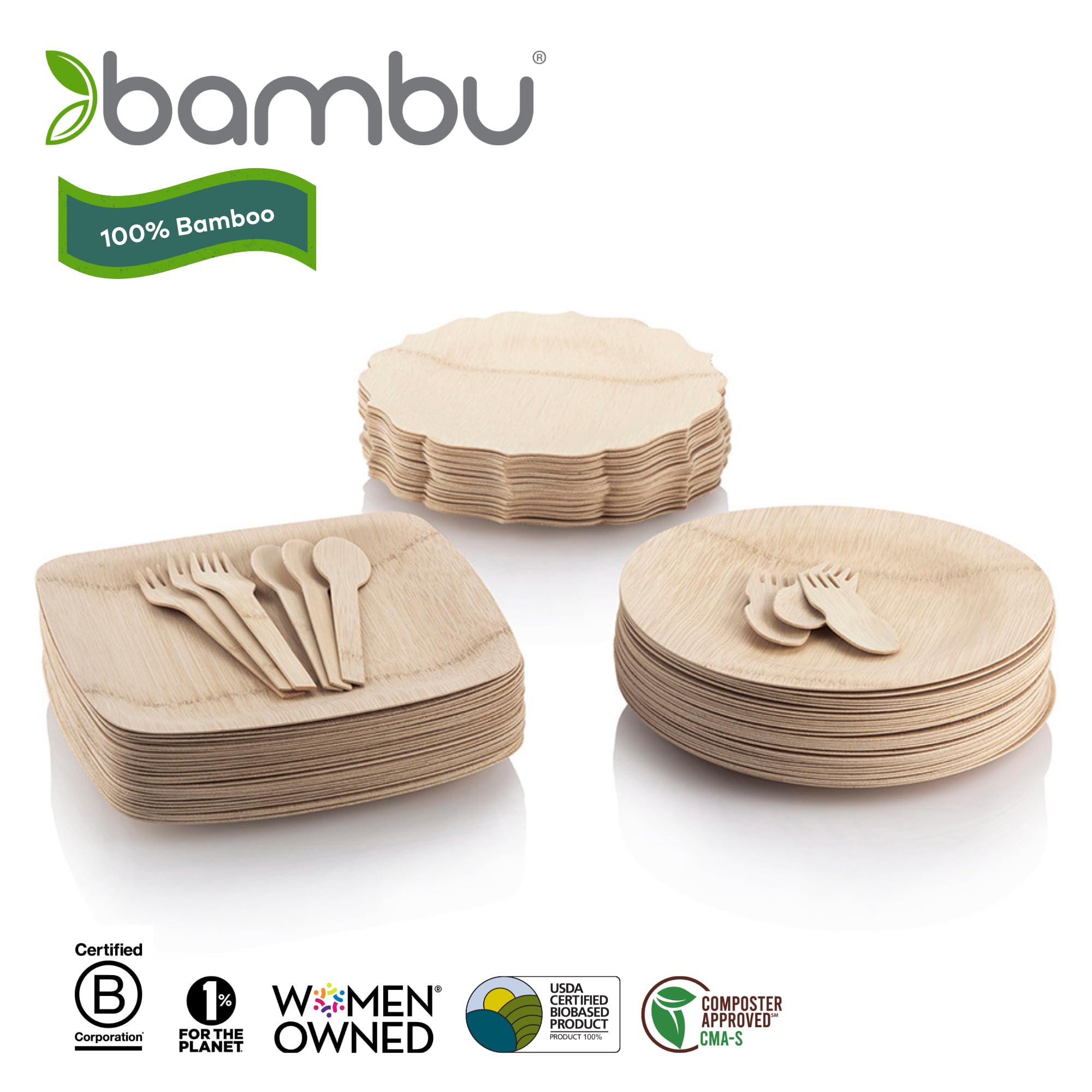 Bambu Pack of 25-9 Inch Disposable Bamboo Plates Fancy, Biodegradable Eco Friendly Products, Bamboo Disposable Plates for Party, Weddings, and Events, Great For Any Occasion, Compostable Plates