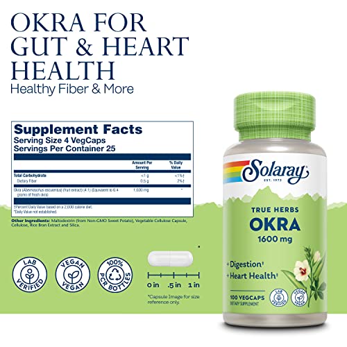 SOLARAY Okra Fruit 1600 mg, Healthy Digestion, Regularity & Cardiovascular Support, Soluble Fiber, 25 Serv, 100 VegCaps