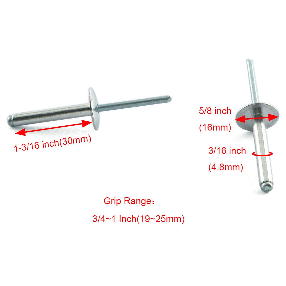 HJ Garden 60pcs Large Flange Aluminum Blind Rivet 3/16x1-3/16inch(4.8x30mm) Self-Plugging Open End Decorating Fastener Nails Pop Rivets Core Pulling Rivets Grip Range 3/4-1 Inch(19-25mm)