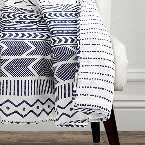 Lush Decor Hygge Geo Reversible Throw | Pattern Geometric Stripe Blanket - 60” x 50”, Navy and White