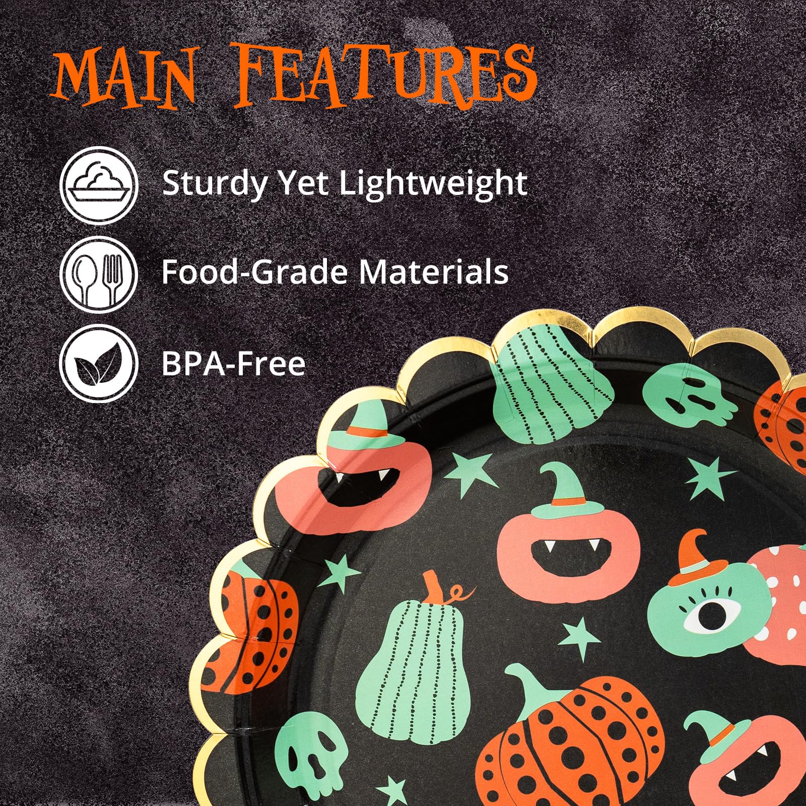 Confettiville Halloween Paper Plates, 50-Count Disposable Halloween Dinner Plates, Scalloped, Party Supplies, Funky Pumpkins, Black