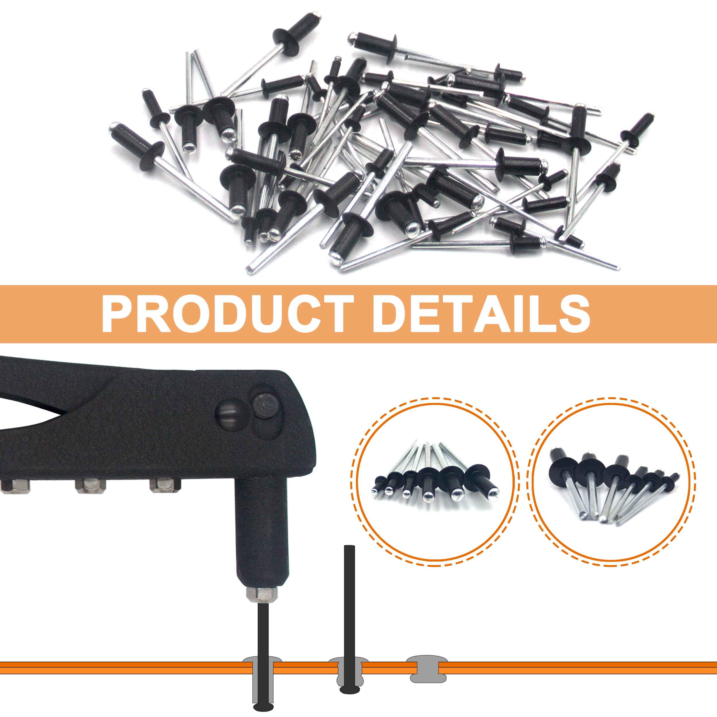ISPINNER 225pcs Black Aluminum Blind Rivets Assortment Kit with Heavy Duty Hand Riveter Rivet Gun Tool, 6 Sizes Pop Rivets with Divider & Labeled Case