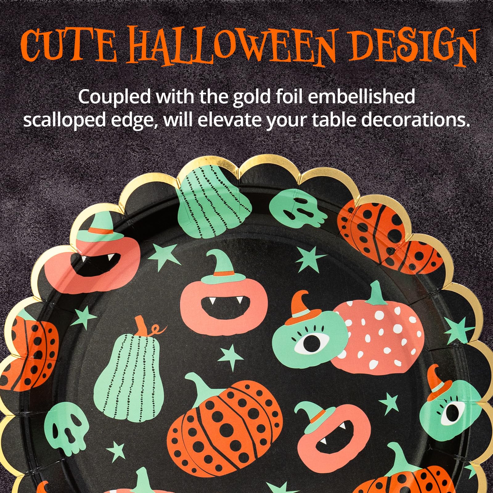 Confettiville Halloween Paper Plates, 50-Count Disposable Halloween Dinner Plates, Scalloped, Party Supplies, Funky Pumpkins, Black