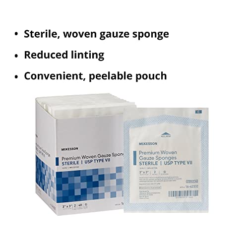 McKesson Premium Woven Gauze Sponges, Sterile, 12-Ply, USP Type VII, 100% Cotton, 3 in x 3 in, 2 Per Pack, 40 Packs, 80 Total