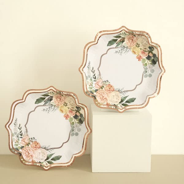 Tableclothsfactory 25 Pack | Floral 8" Scallop Rim Dessert Appetizer Party Paper Plates, Disposable Salad Plates - 300 GSM