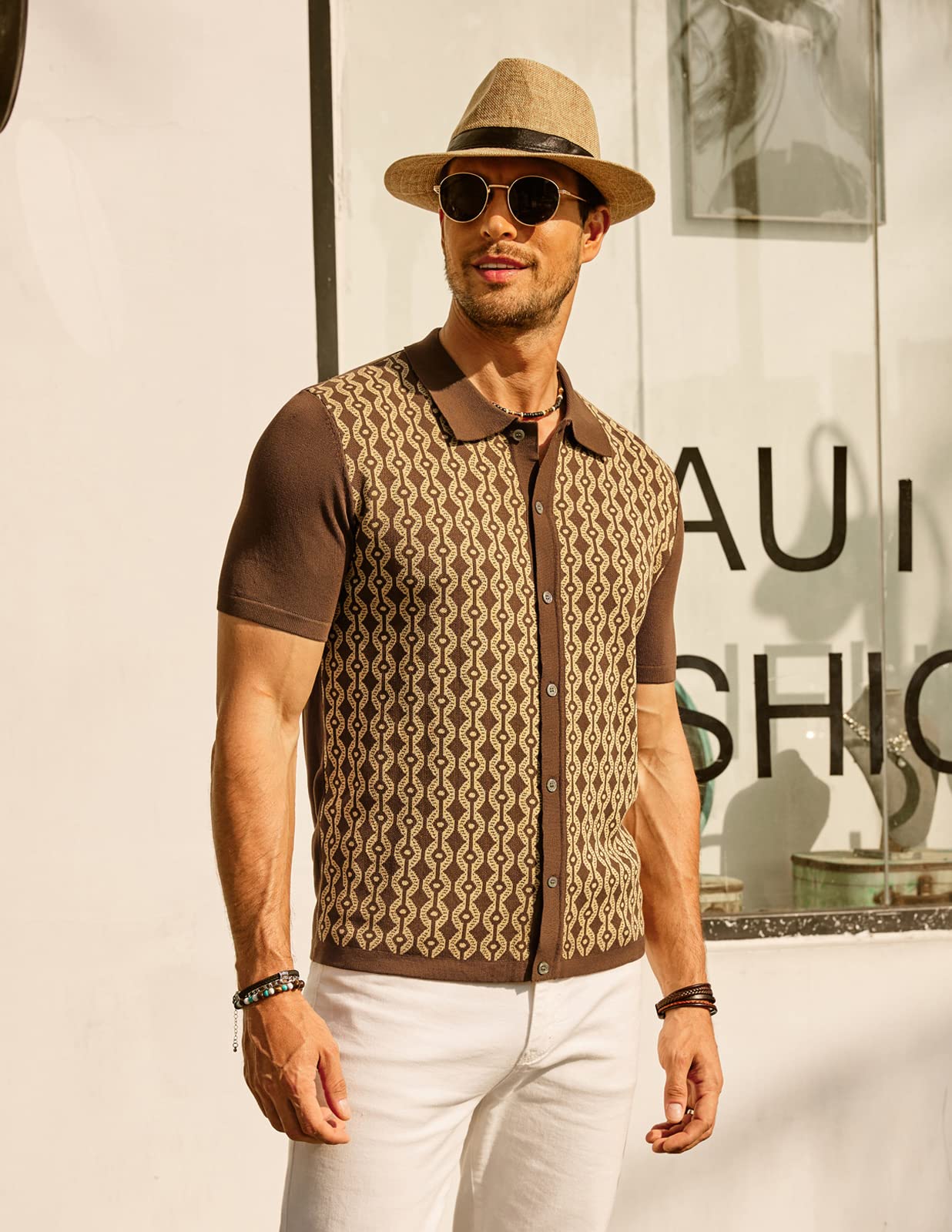 Men's 70s Short Sleeve Knitwear Vintage Stripe Lightweight Polo Shirts Brown XXL