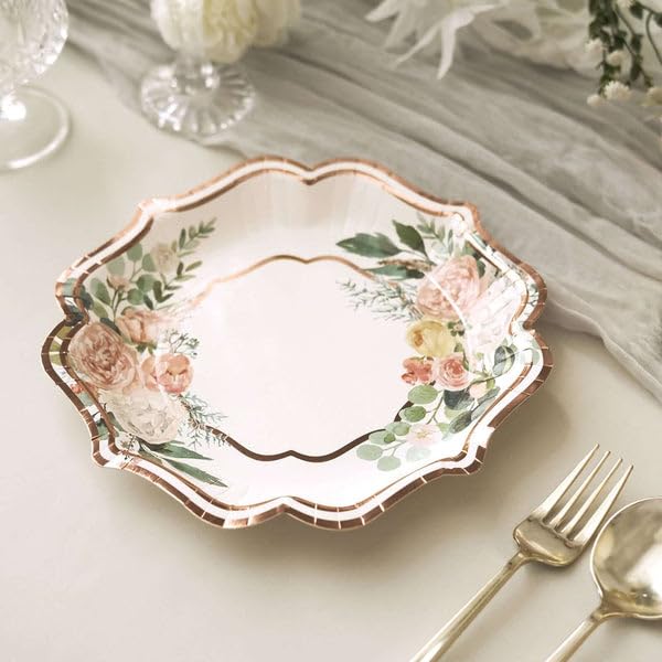 Tableclothsfactory 25 Pack | Floral 8" Scallop Rim Dessert Appetizer Party Paper Plates, Disposable Salad Plates - 300 GSM