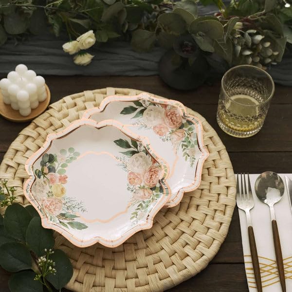 Tableclothsfactory 25 Pack | Floral 8" Scallop Rim Dessert Appetizer Party Paper Plates, Disposable Salad Plates - 300 GSM