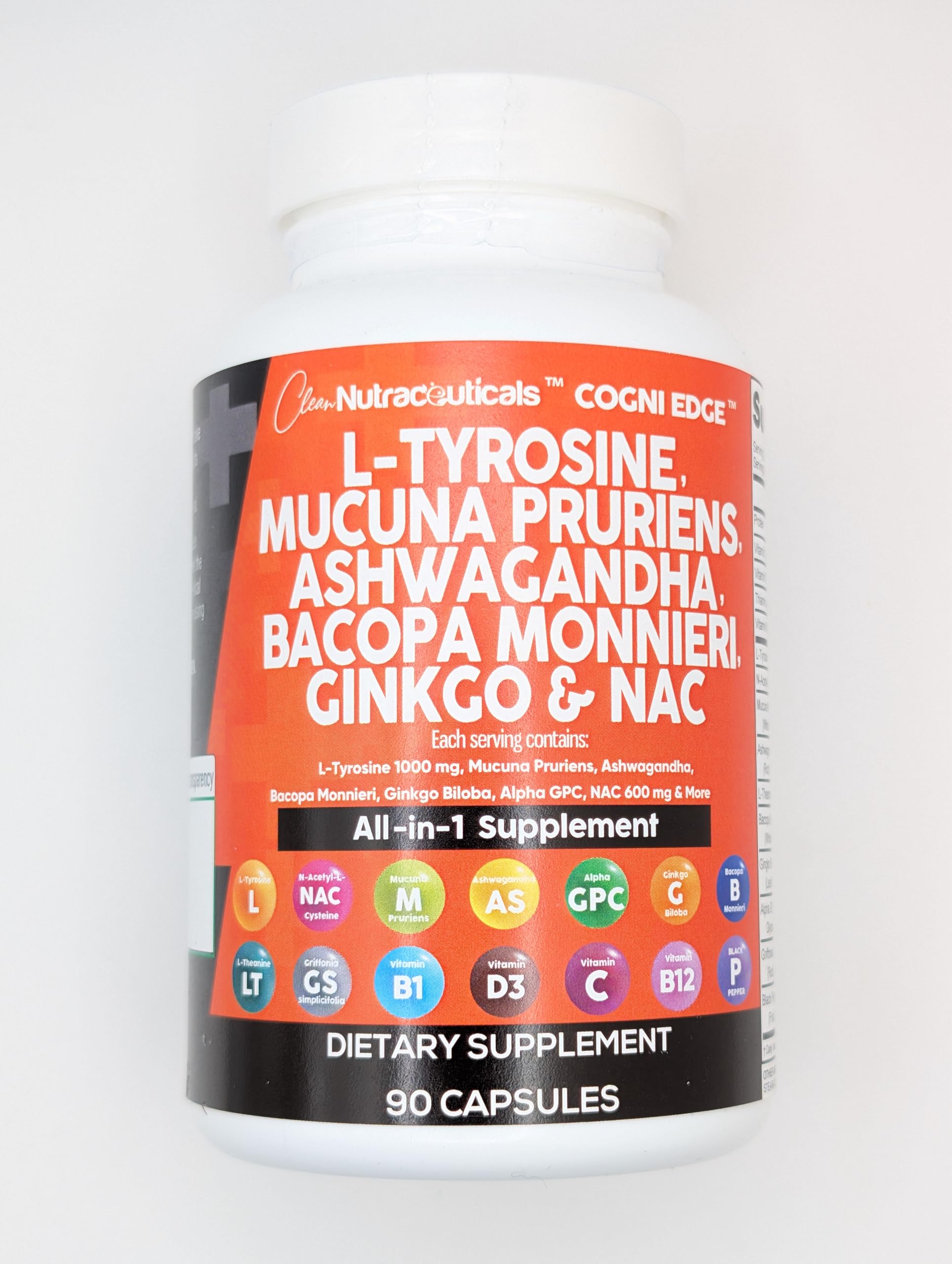 Clean Nutraceuticals L Tyrosine Mucuna Pruriens Bacopa Monnieri Ashwagandha Focus Supplement w/N-Acetyl Cysteine NAC 5-HTP Ginkgo Biloba Alpha GPC Vitamin C D B1 B12
