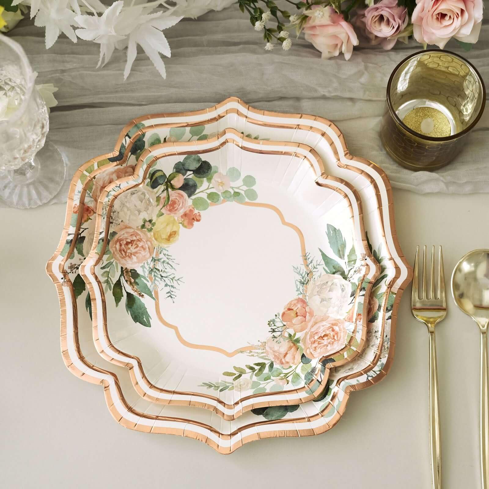 Tableclothsfactory 25 Pack | Floral 8" Scallop Rim Dessert Appetizer Party Paper Plates, Disposable Salad Plates - 300 GSM