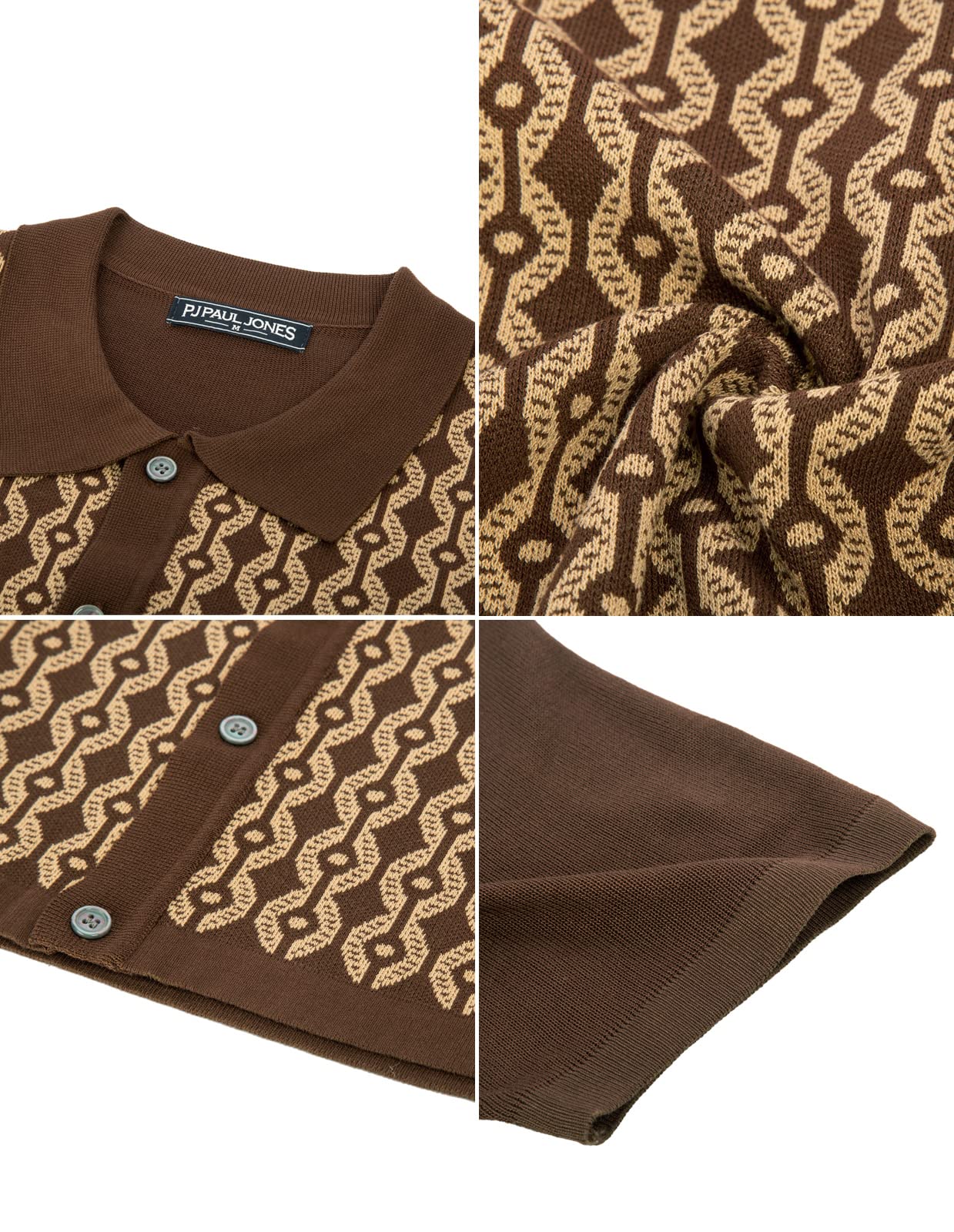 Men's 70s Short Sleeve Knitwear Vintage Stripe Lightweight Polo Shirts Brown XXL