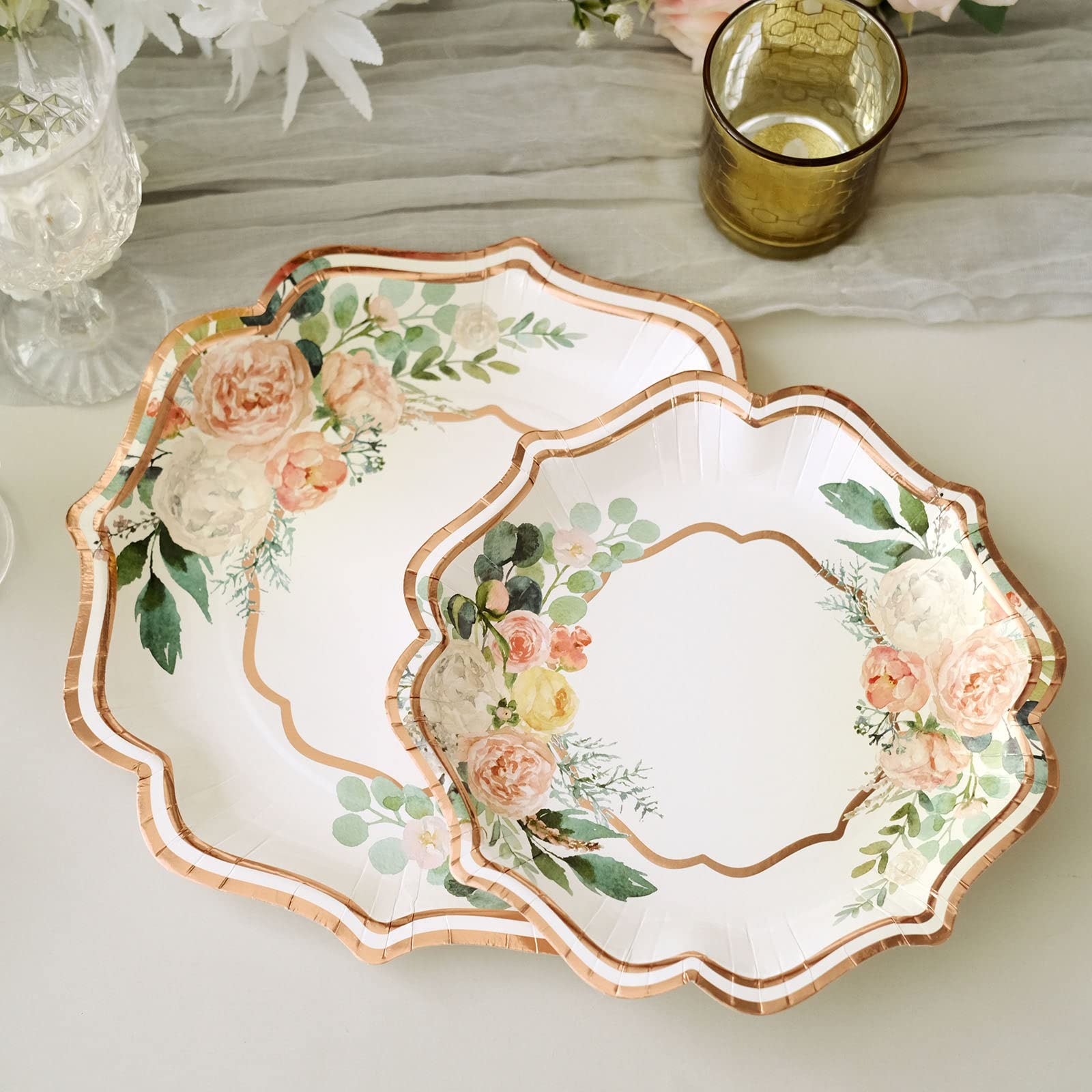 Tableclothsfactory 25 Pack | Floral 8" Scallop Rim Dessert Appetizer Party Paper Plates, Disposable Salad Plates - 300 GSM