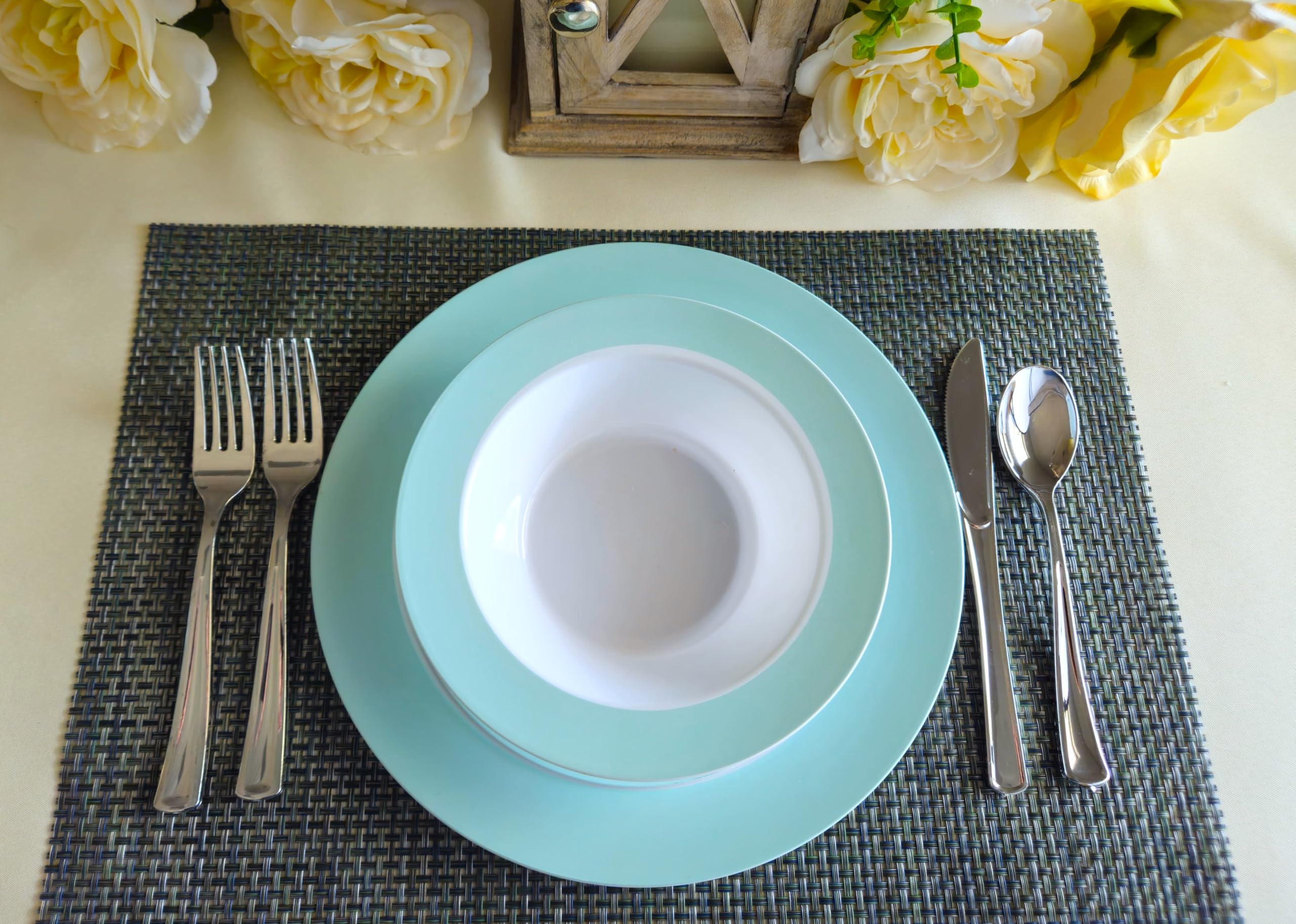 " OCCASIONS " 50 Plates Pack (25 Guests)-Wedding Party Disposable Plastic Plate Set -25x10.5'' Dinner + 25x7.5'' Salad/dessert plates (Rio, White & Pearled Turquoise Blue)