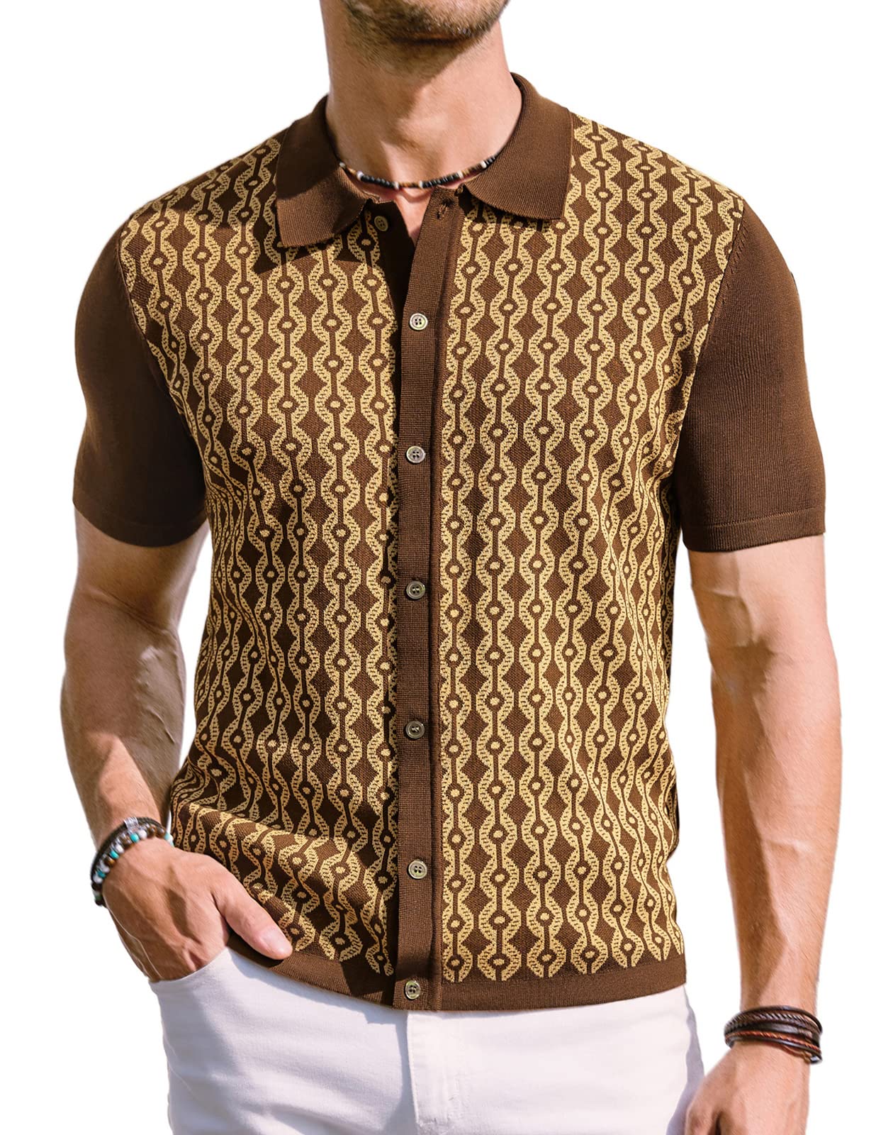 Men's 70s Short Sleeve Knitwear Vintage Stripe Lightweight Polo Shirts Brown XXL