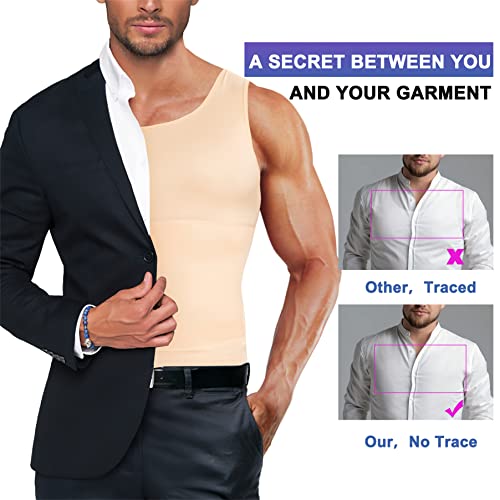 Mens Compression Shirt Slimming Body Shaper Vest Workout Tank Tops Abs Abdomen Undershirts (Beige, M)