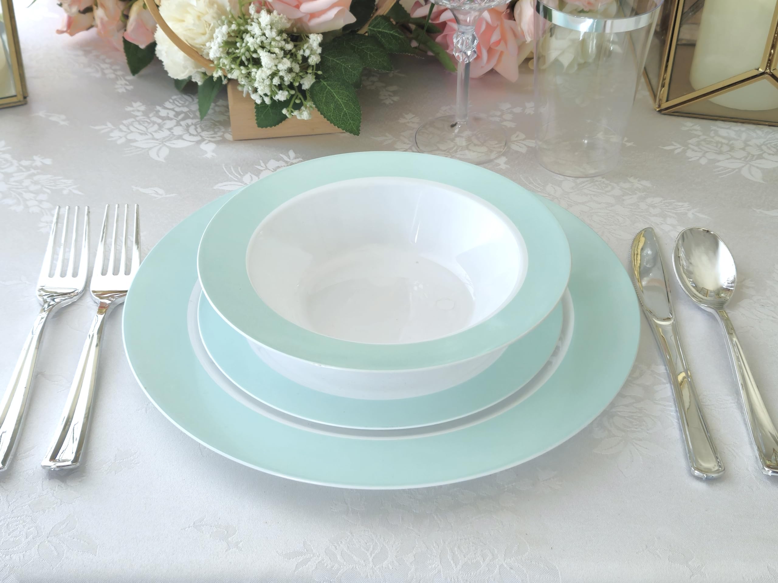 " OCCASIONS " 50 Plates Pack (25 Guests)-Wedding Party Disposable Plastic Plate Set -25x10.5'' Dinner + 25x7.5'' Salad/dessert plates (Rio, White & Pearled Turquoise Blue)
